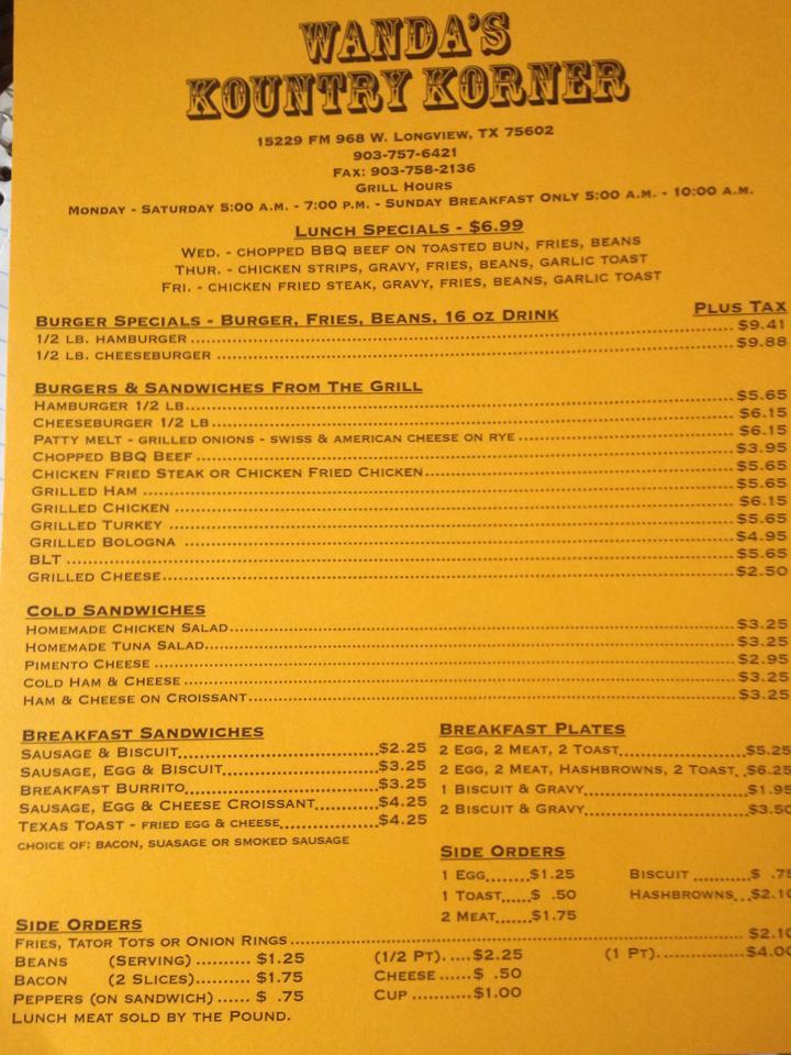 Menu at Wanda's Kountry Korner restaurant, Longview