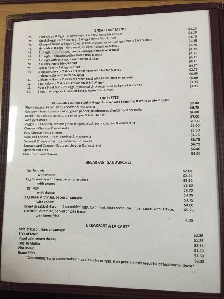 Menu at Ari's Diner restaurant, Columbus