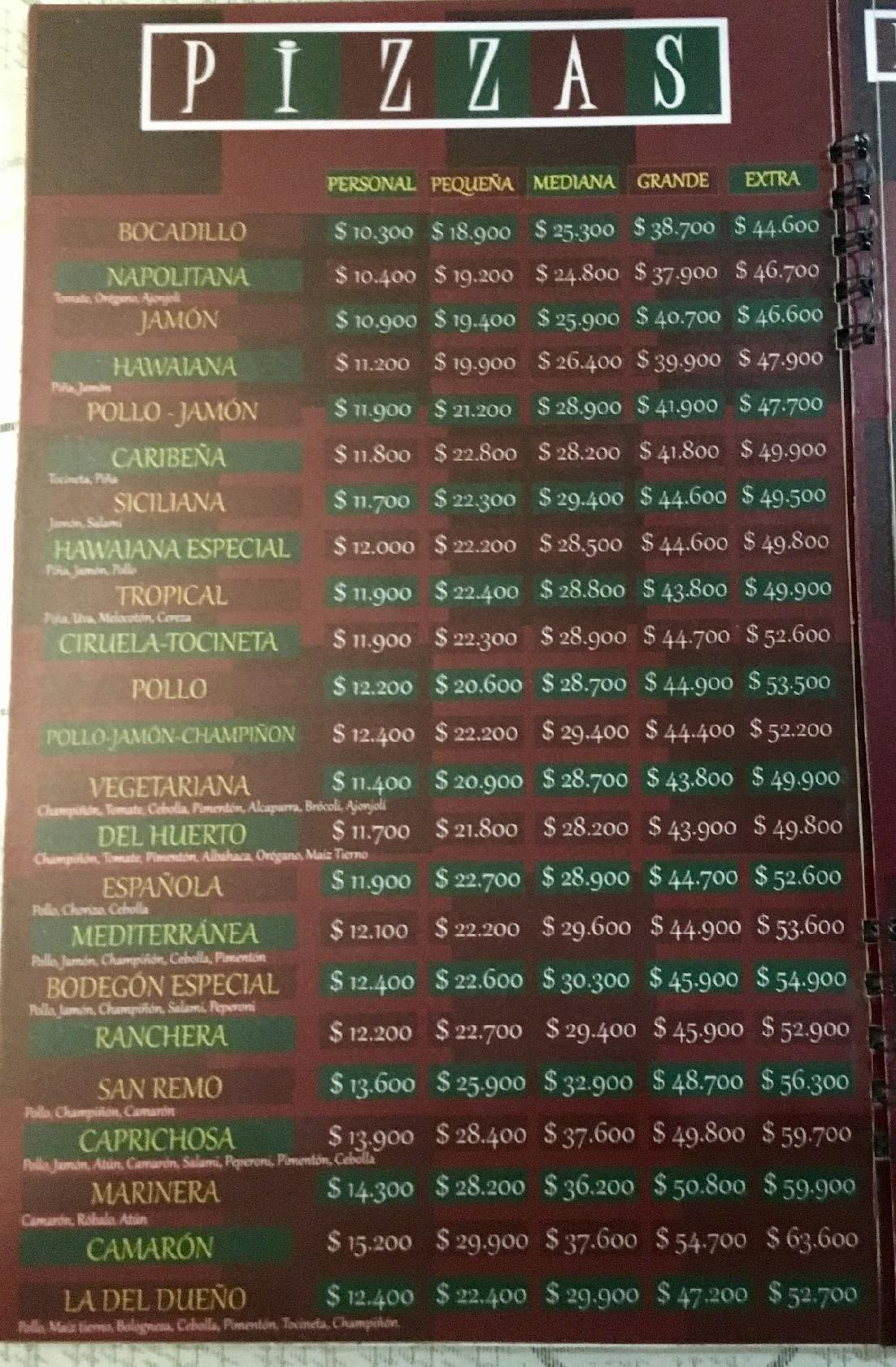 Carta del restaurante El Bodegon, Duitama