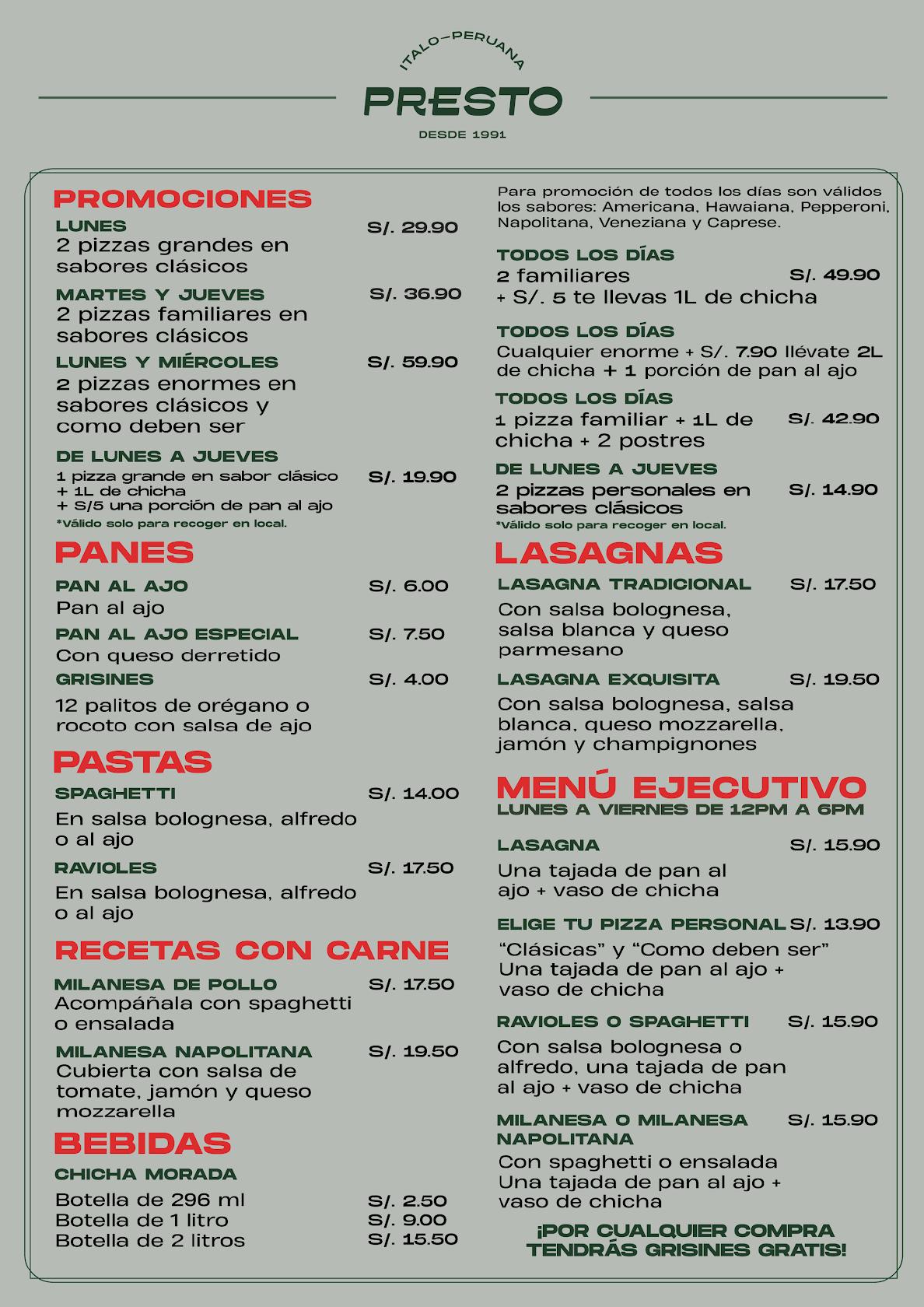 Carta del restaurante Presto Italo Peruana, Cayma, Tronchadero