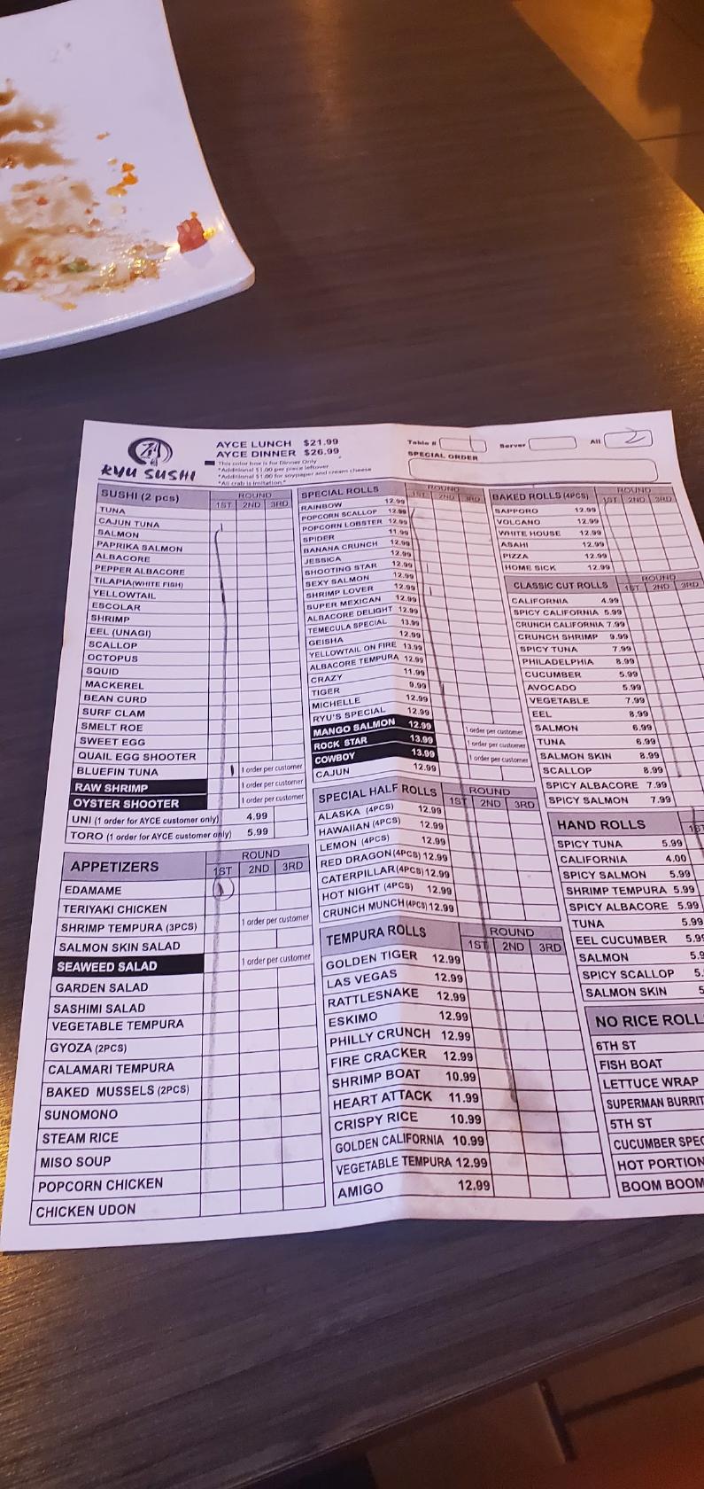 Menu at Ryu sushi restaurant, Temecula