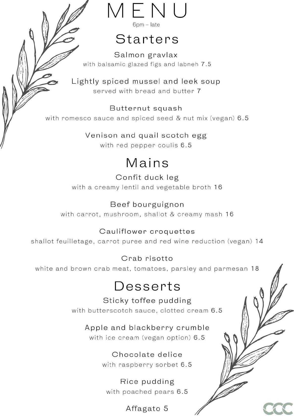 Menu at Cape Cornwall Club, Pendeen