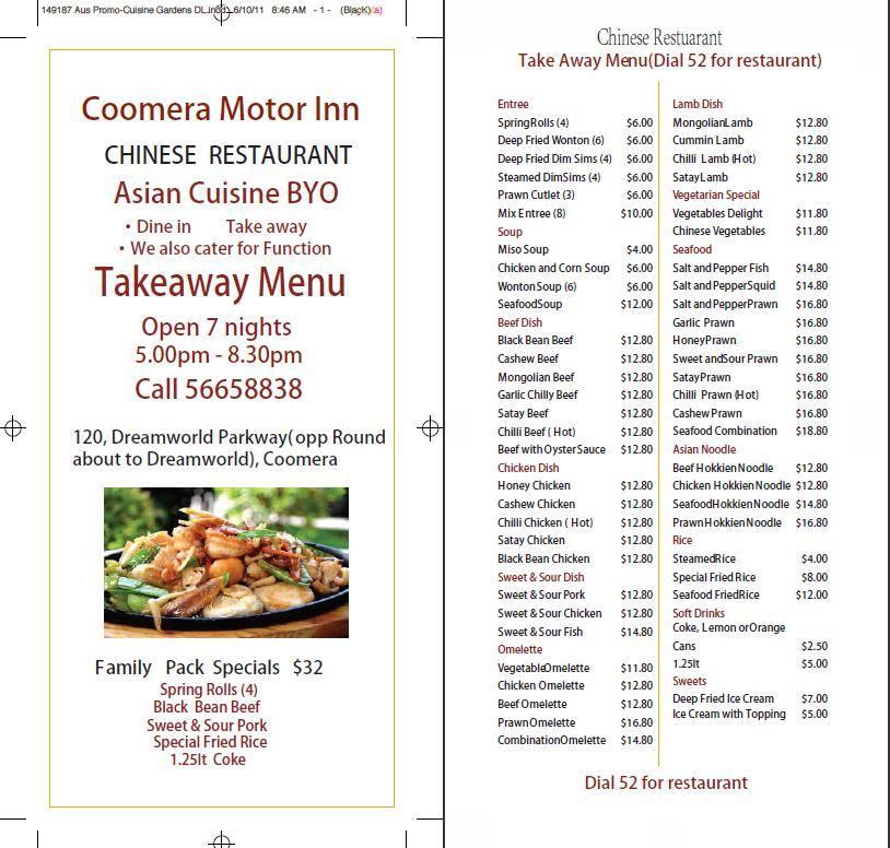 Menu at Coomera Motor Inn restaurant, Coomera