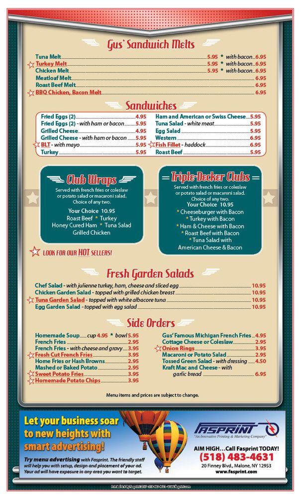 Menu at Gus' Red Hots restaurant, Plattsburgh