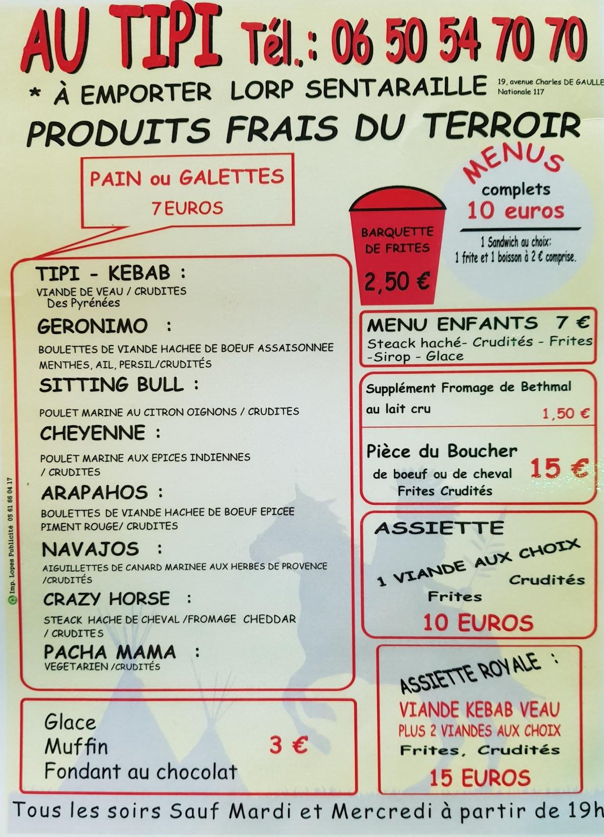 Menu at Le Tipi restaurant, Lorp-Sentaraille