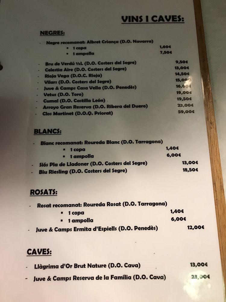Carta del restaurante Les Ares, España