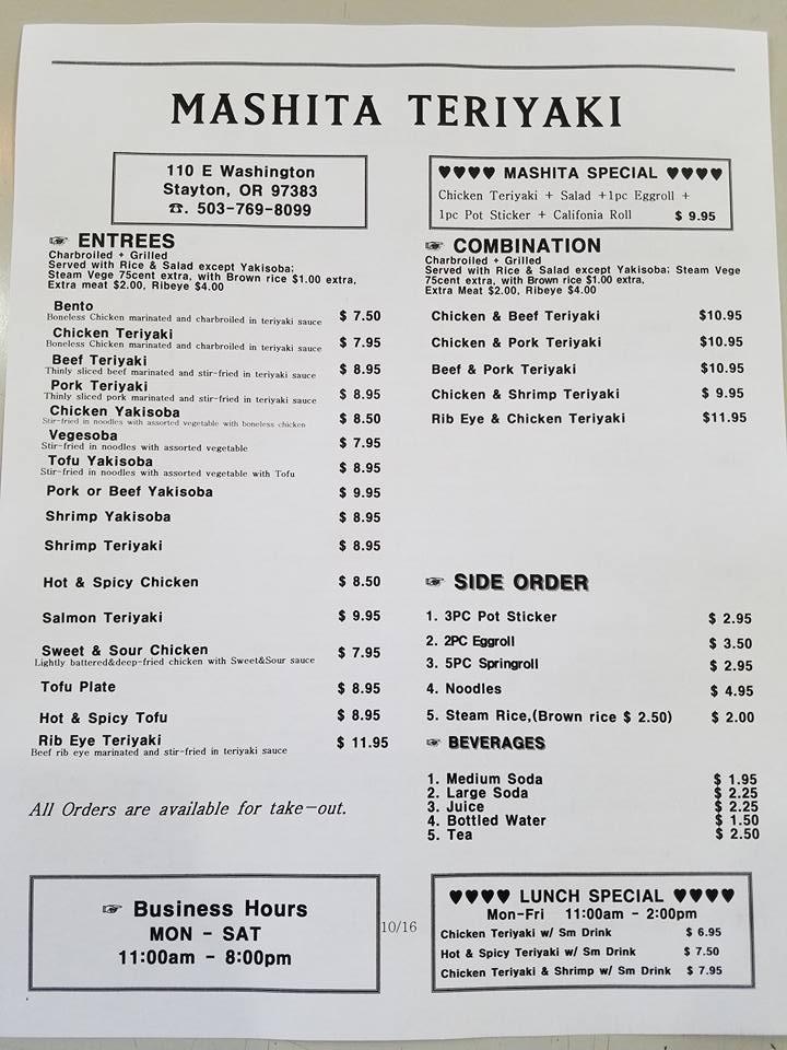 Menu at Mashita Teriyaki Restaurant, Stayton