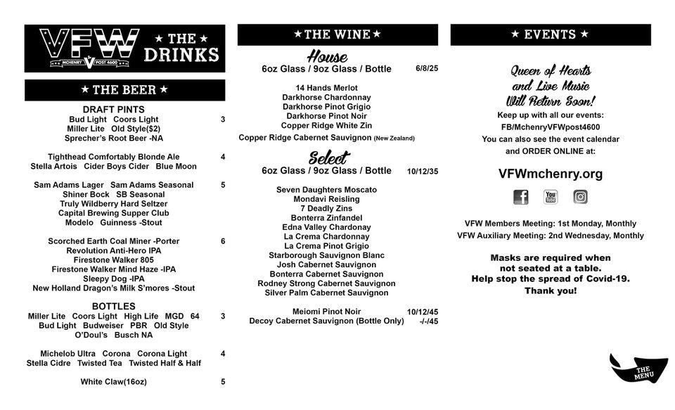 Menu at McHenry VFW Post 4600 restaurant, McHenry