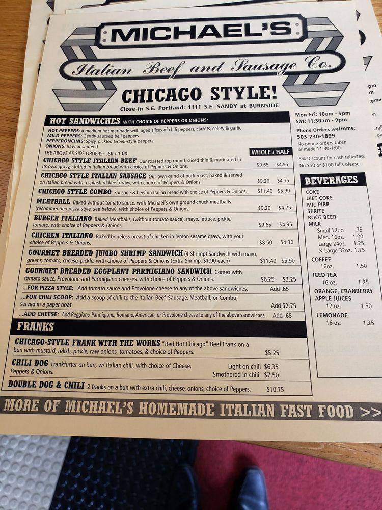 Menu at Michael's Italian Beef & Sausage Co. restaurant, Portland