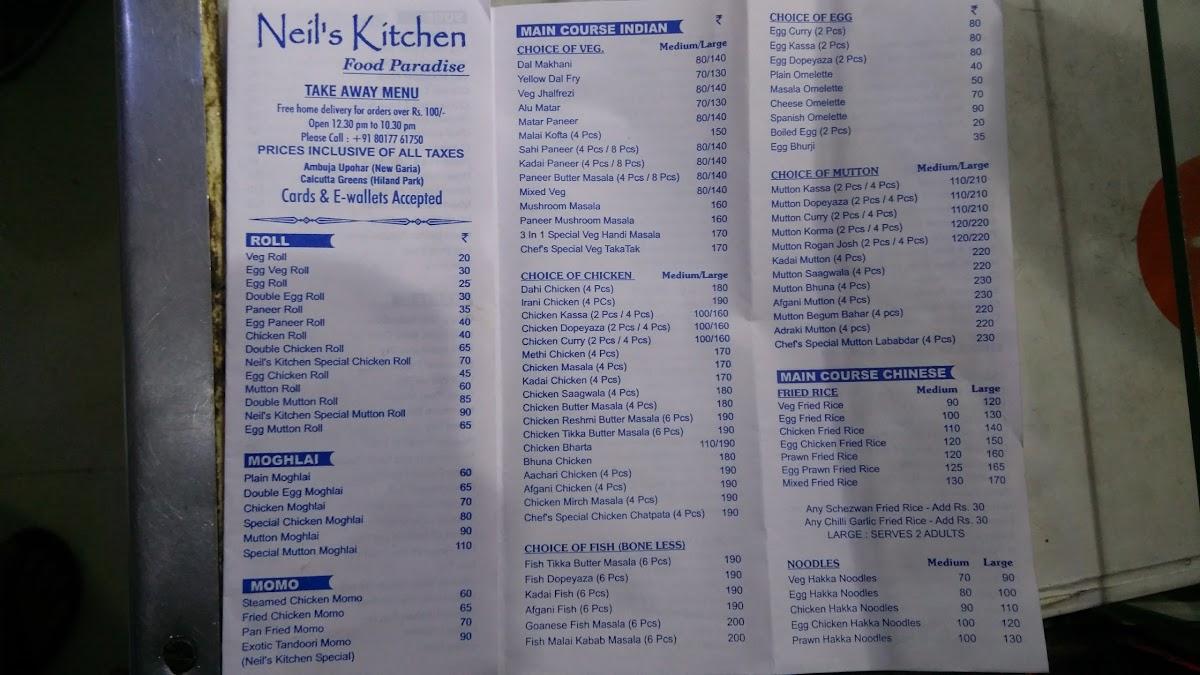 Menu at Neil's Kitchen (Restaurant &Bar), Kolkata, Shop # UPTC 0023