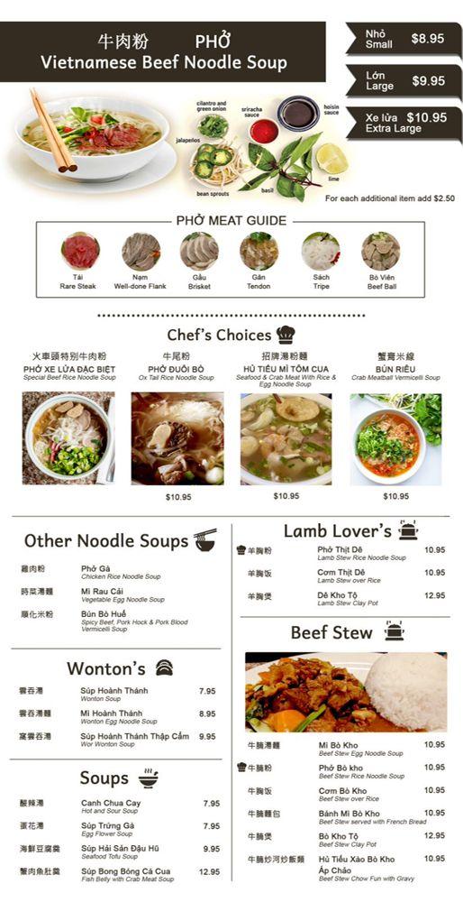 Menu at Phở Xe Lua restaurant, Sacramento