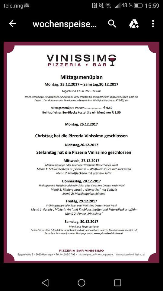 Speisekarte von Pizzeria Vinissimo, Hermagor