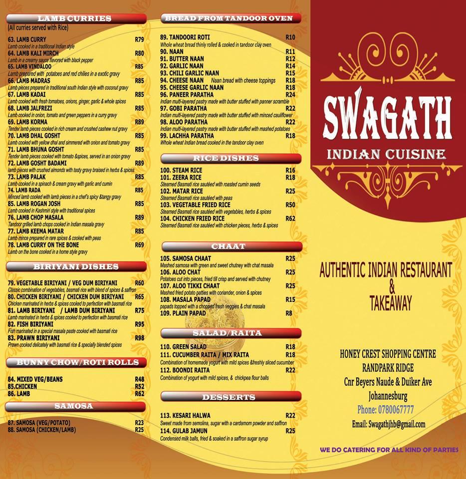 Menu at SWAGATH INDIAN CUISINE restaurant, Johannesburg, HONEY CREST ...
