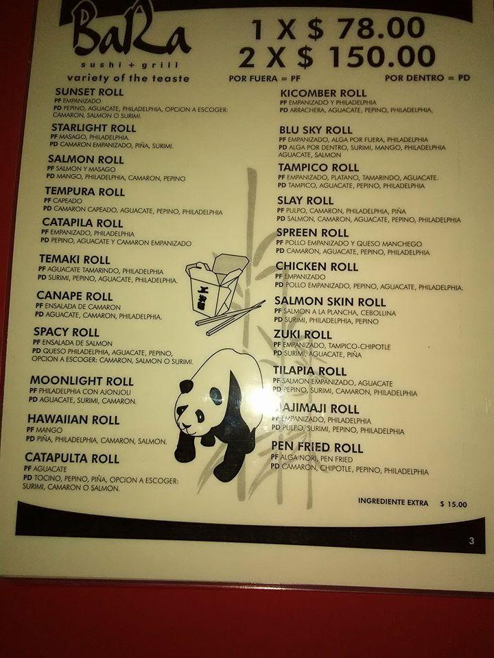 Carta de SUSHI BaRa GRILL, Merida, Calle 21 281
