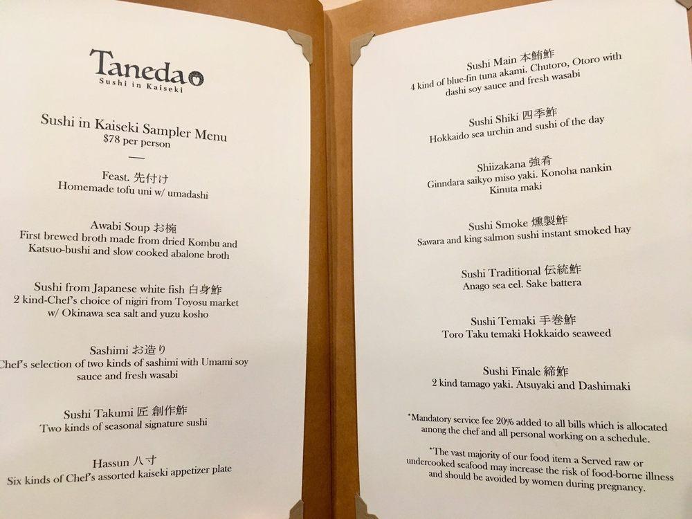 Carta del restaurante Taneda, Seattle