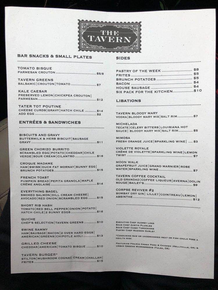 Menu at The Tavern restaurant, Tulsa