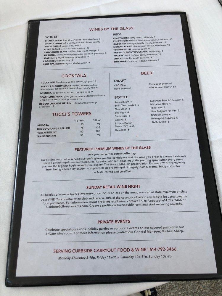 Menu at Tucci's steakhouse, Dublin