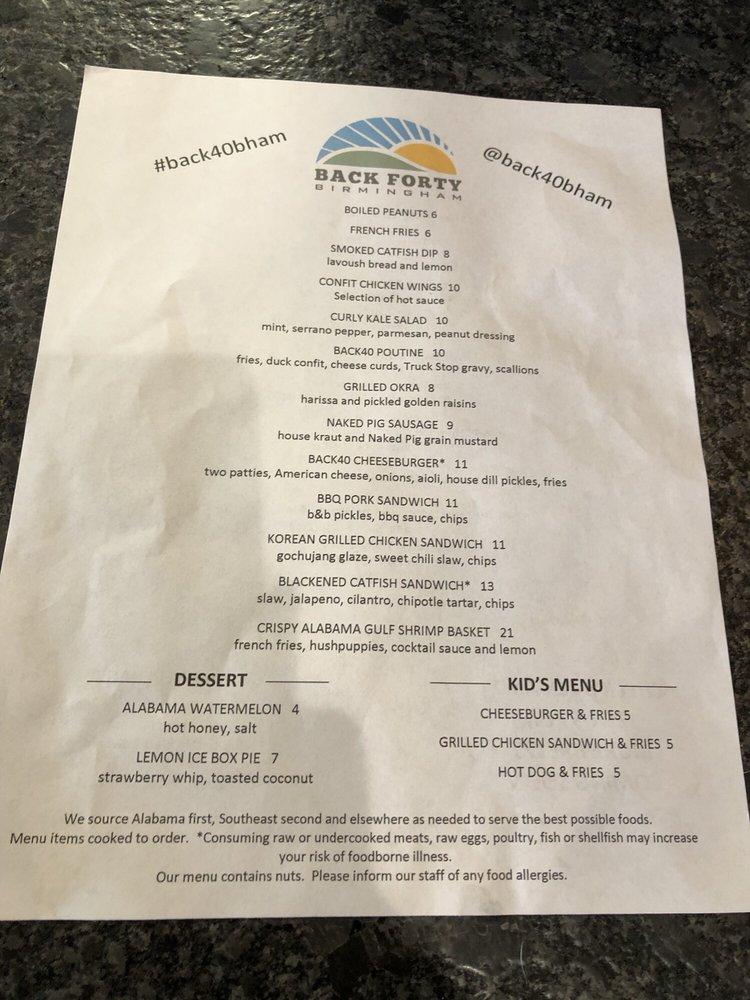 Menu at Back Forty Beer Company Birmingham, Birmingham
