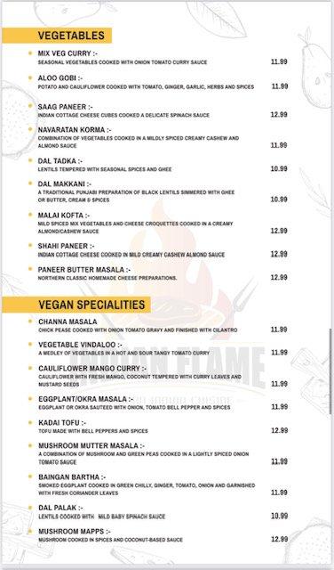 Menu at Indian Flame restaurant, Wynantskill