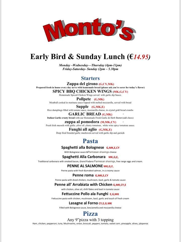 Menu at Monto's restaurant Kilmessan, Kilmessan