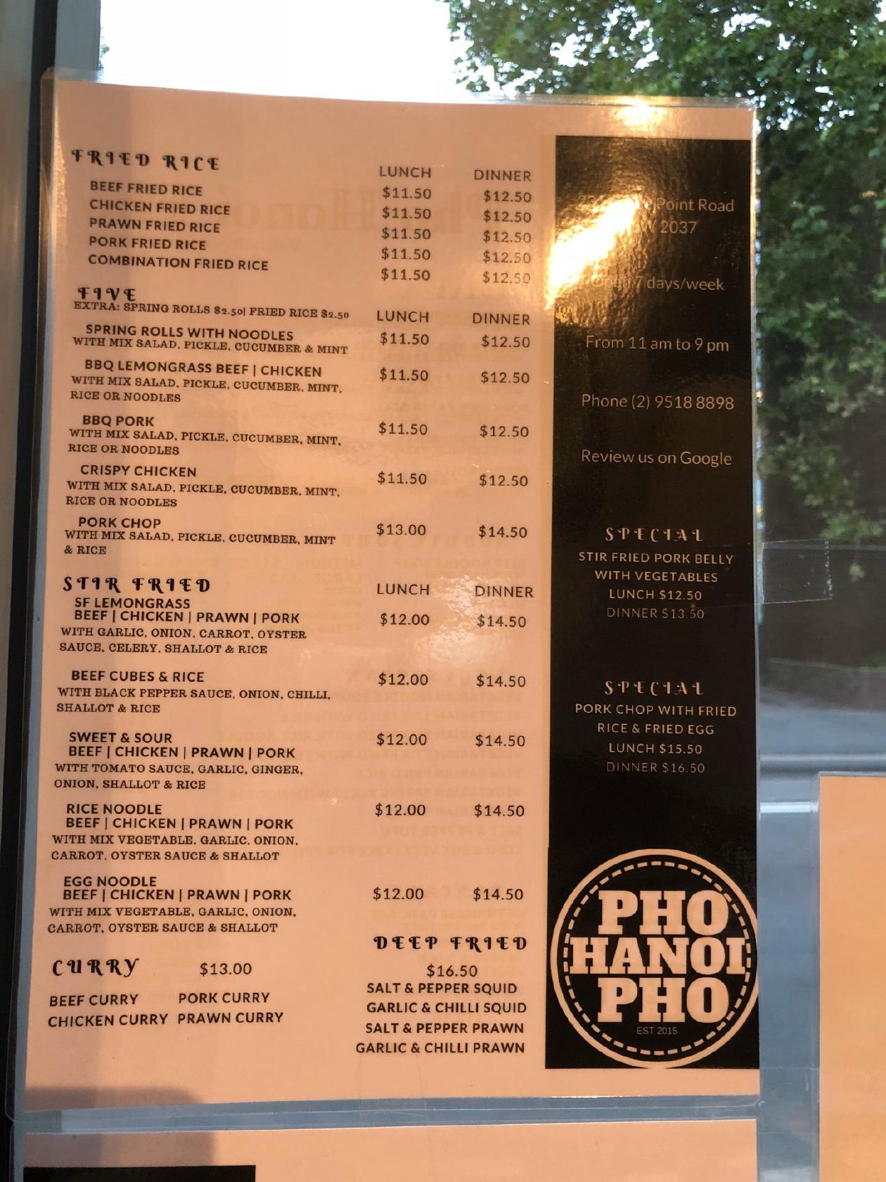 Menu at Pho Hanoi Pho restaurant, Glebe, 231 Glebe Point Rd
