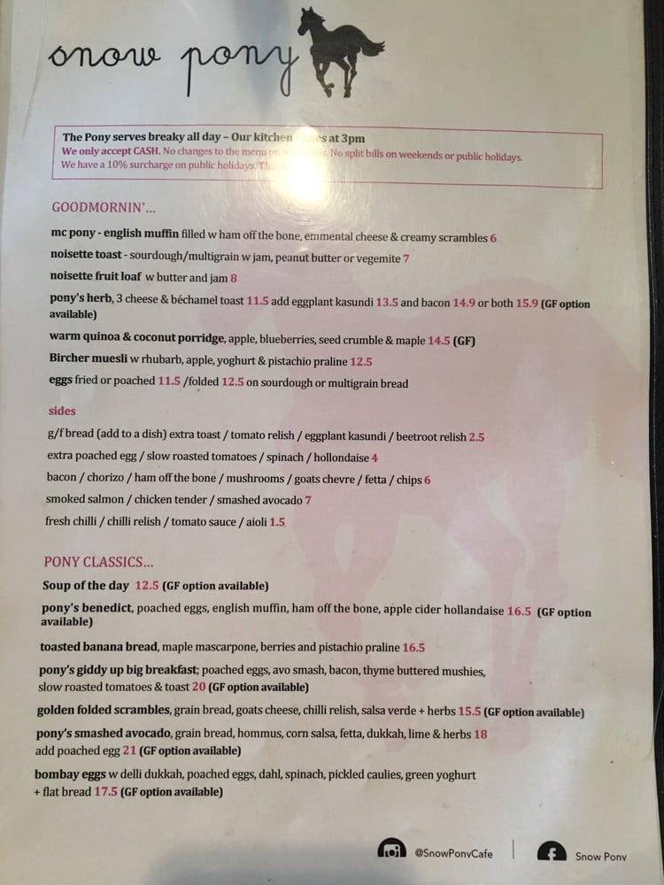 Menu at Snow Pony cafe, Deepdene