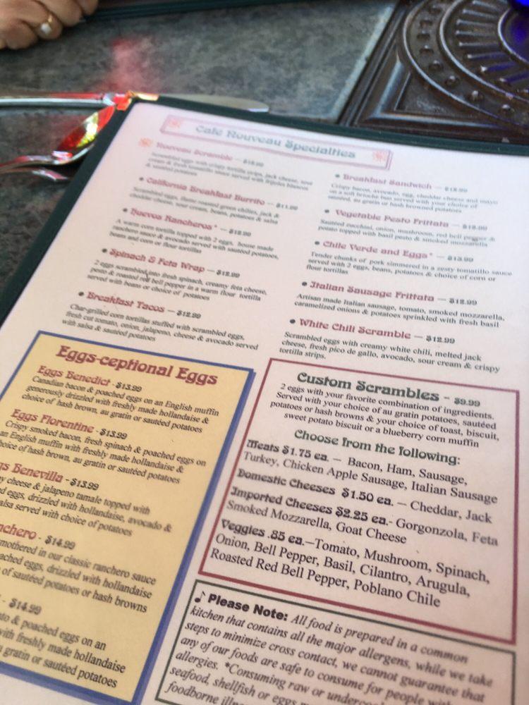 Menu at Café Nouveau restaurant, Ventura