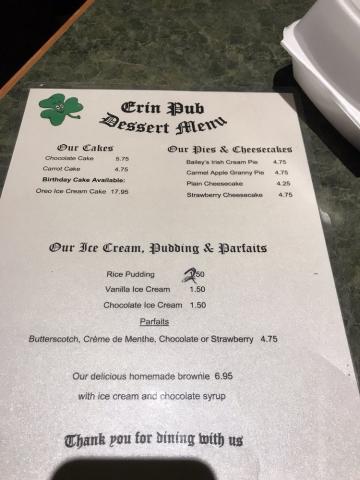 Menu at Erin Pub, Norwood, 36 W Winona Ave