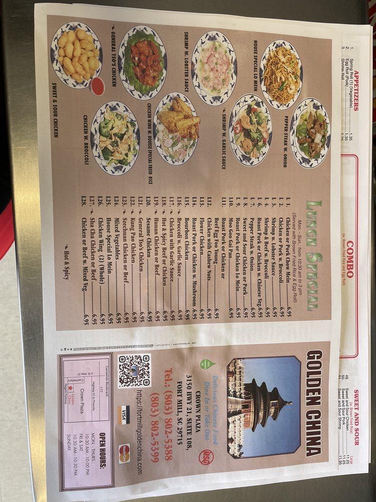 Menu at Golden China restaurant, Fort Mill