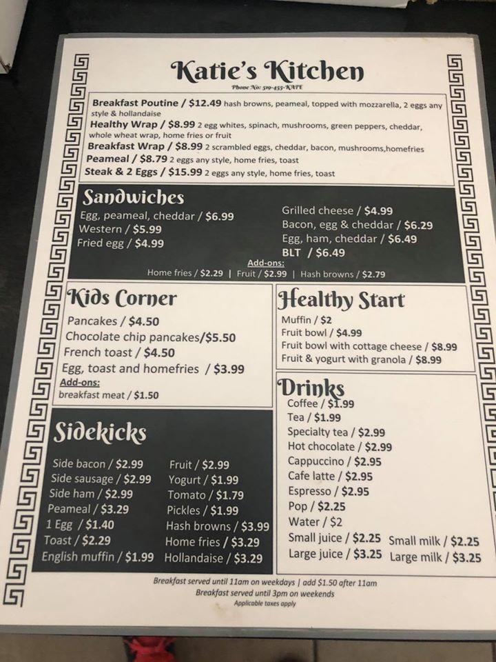 Menu at Katie's Kitchen restaurant, London