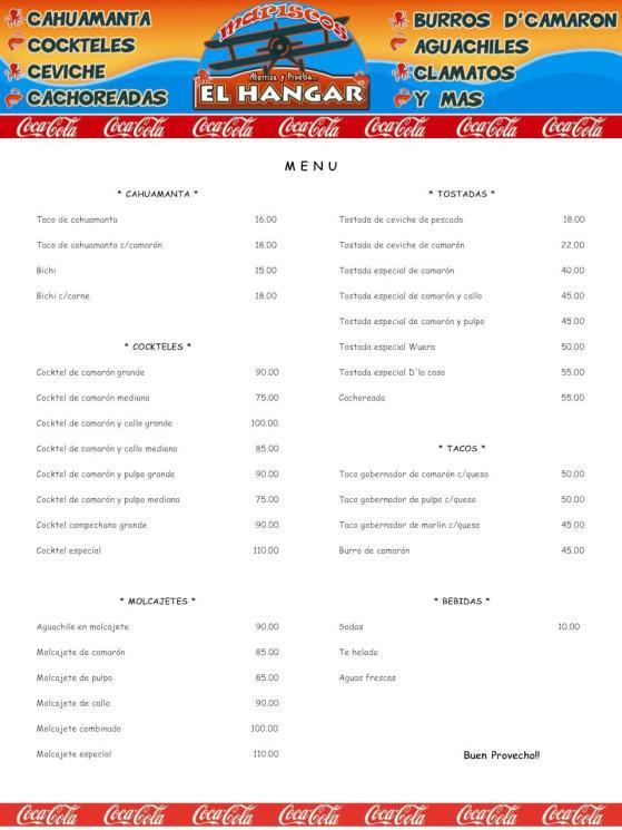 Menu at Mariscos El Hangar restaurant, Hermosillo