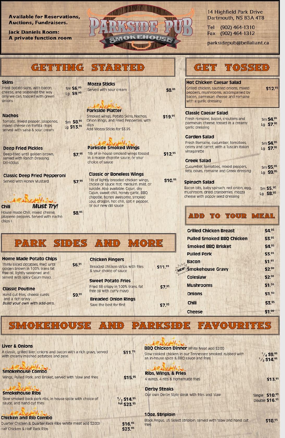Menu at Parkside Pub & Smokehouse, Dartmouth, 14 Highfield Park Dr