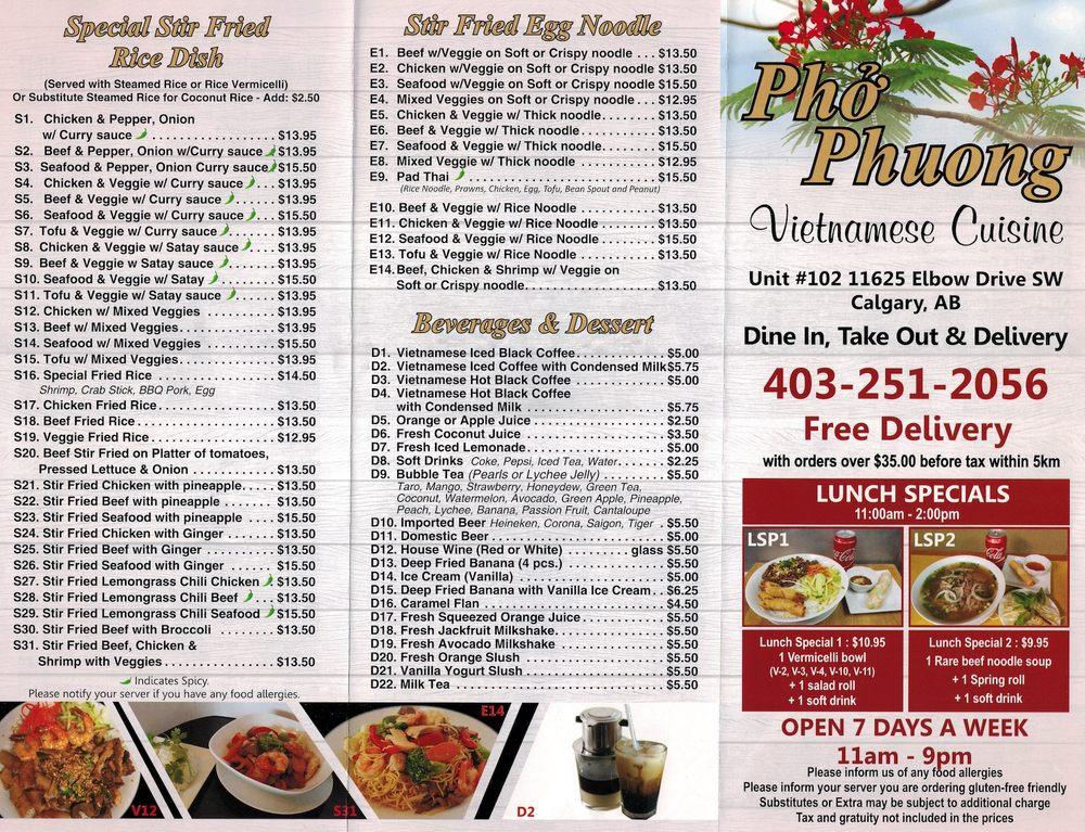Menu at Pho Phuong Vietnamese Cuisine restaurant, Calgary, Elbow Dr SW #102