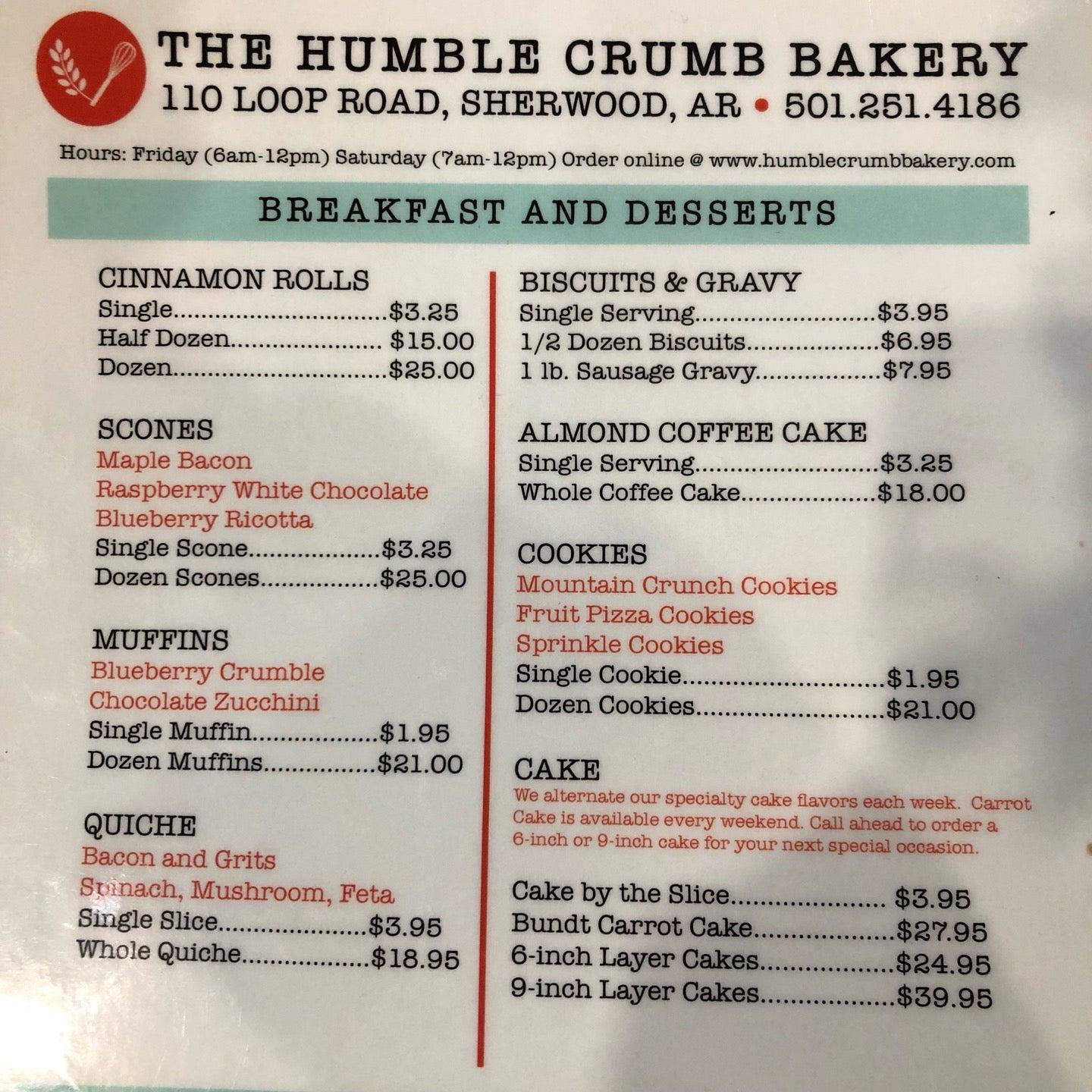 Menu at The Humble Crumb cafe, Sherwood