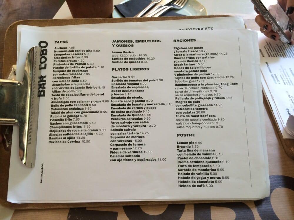 Menu at Bar Lobo, Barcelona