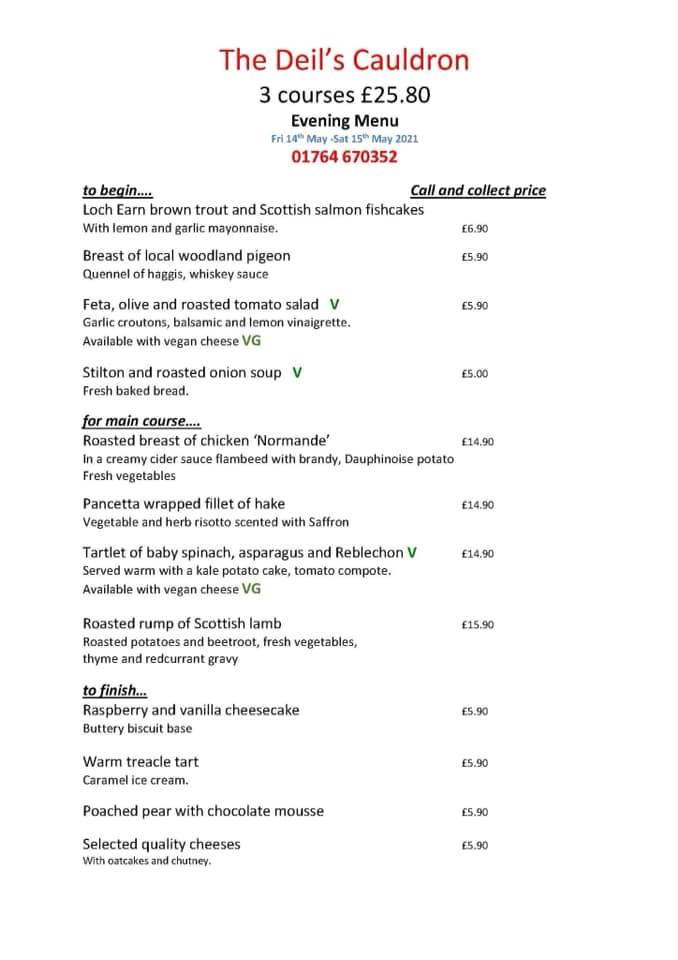 Menu at Deils Cauldron restaurant, Comrie