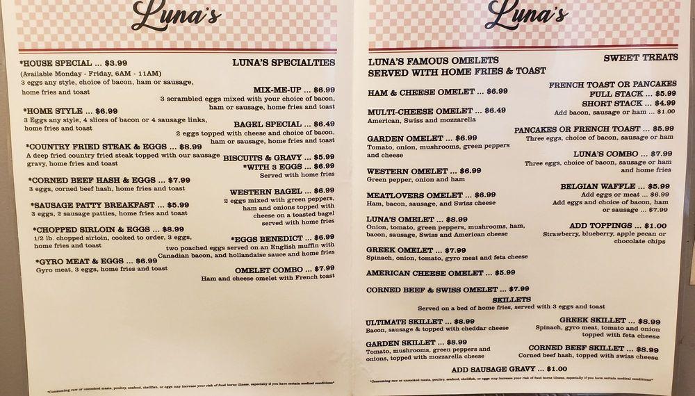Menu at Luna's Family Restaurant, Brunswick