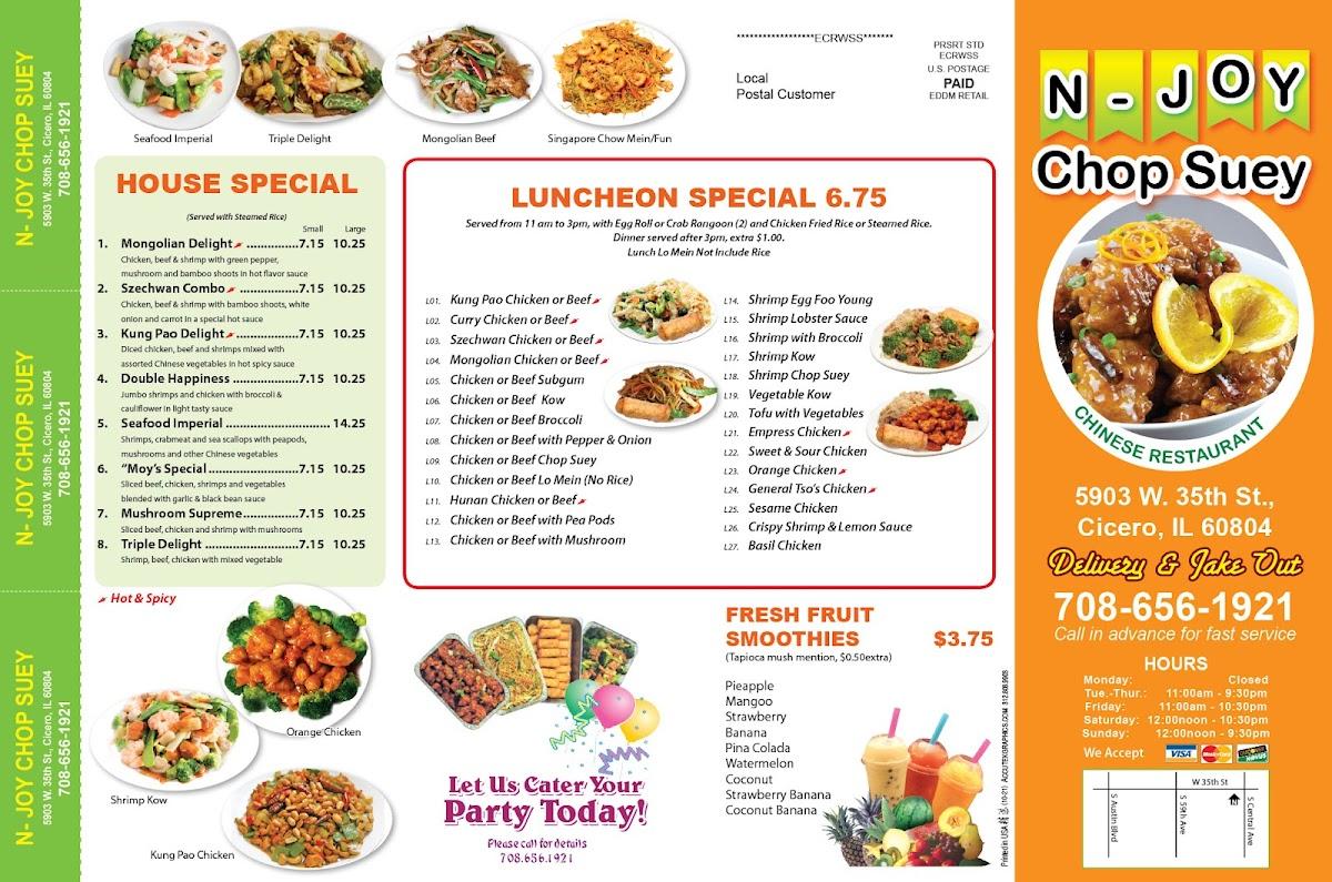 Menu at N-Joy Chop Suey restaurant, Cicero