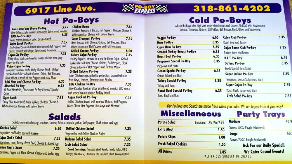 Menu at PO Boy Express restaurant, Shreveport