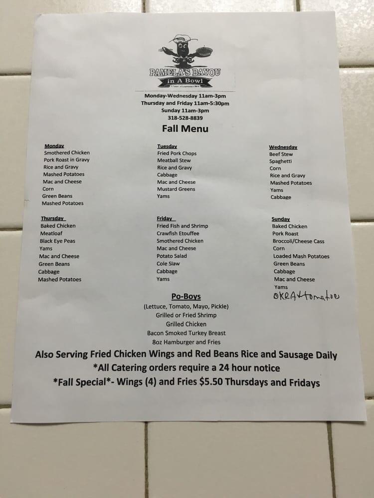 Menu at Pamela's Bayou In A Bowl restaurant, Alexandria, 2049 N Mall Dr