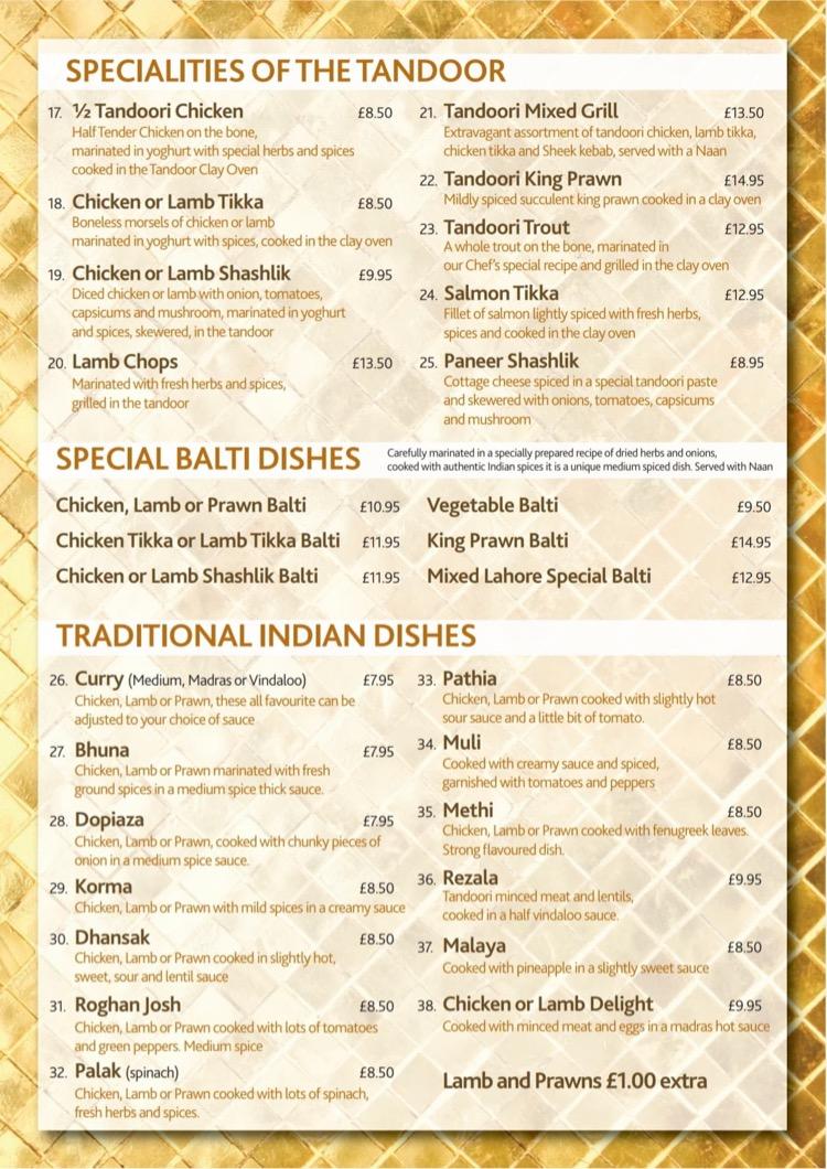 Menu at The Golden curry restaurant, The Mumbles