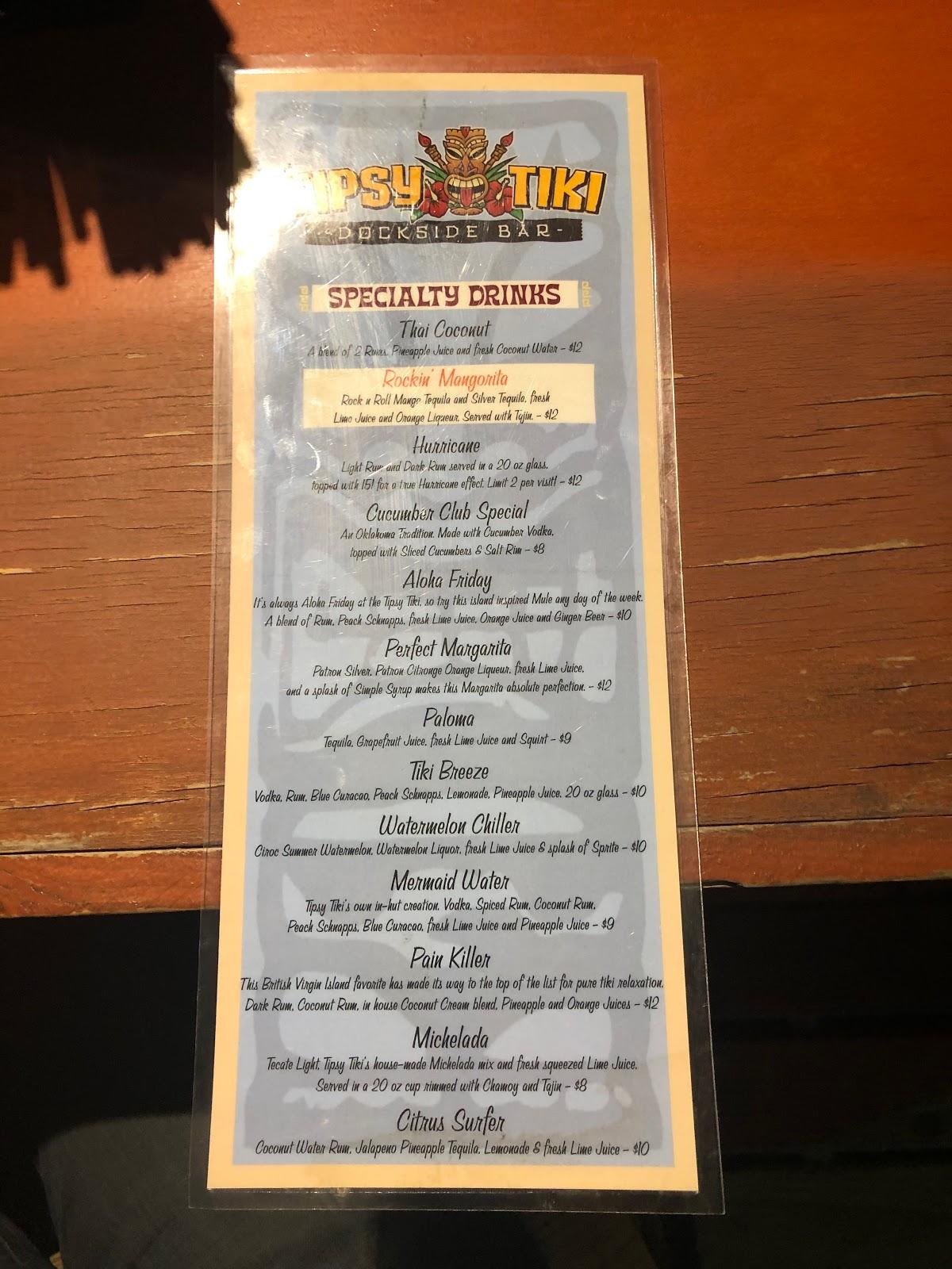 Menu at Tipsy Tiki pub & bar, Oklahoma City
