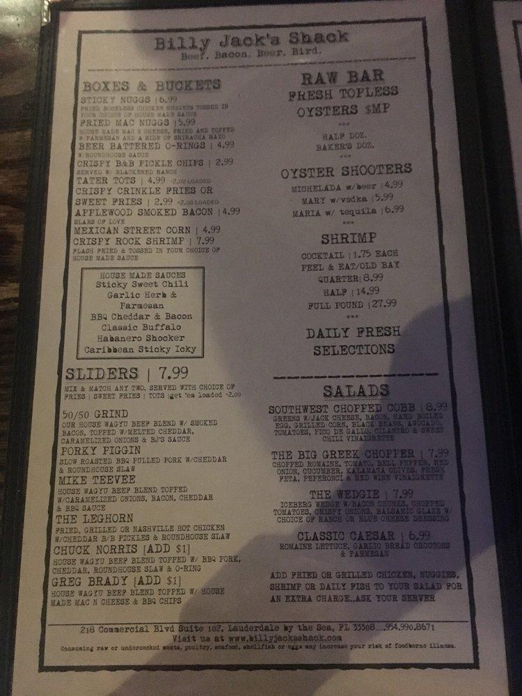 Menu at Billy Jack's Shack restaurant, Lauderdale-by-the-Sea