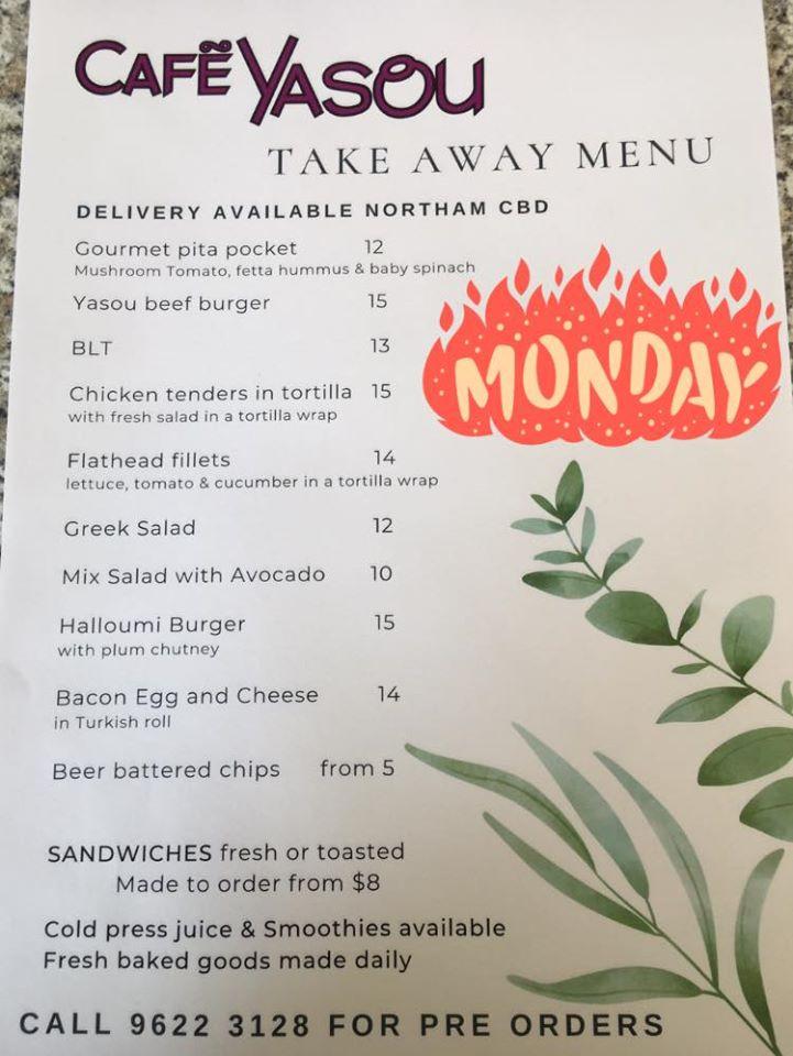 Menu at Cafe Yasou, Northam