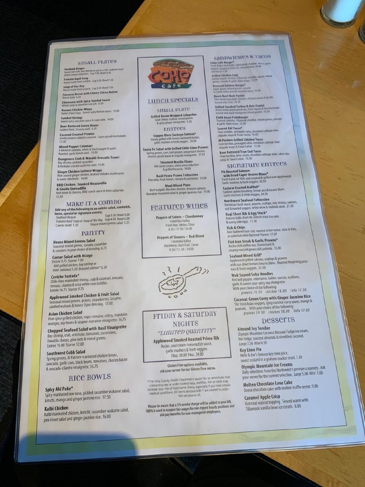 Menu at Coho Cafe, Issaquah