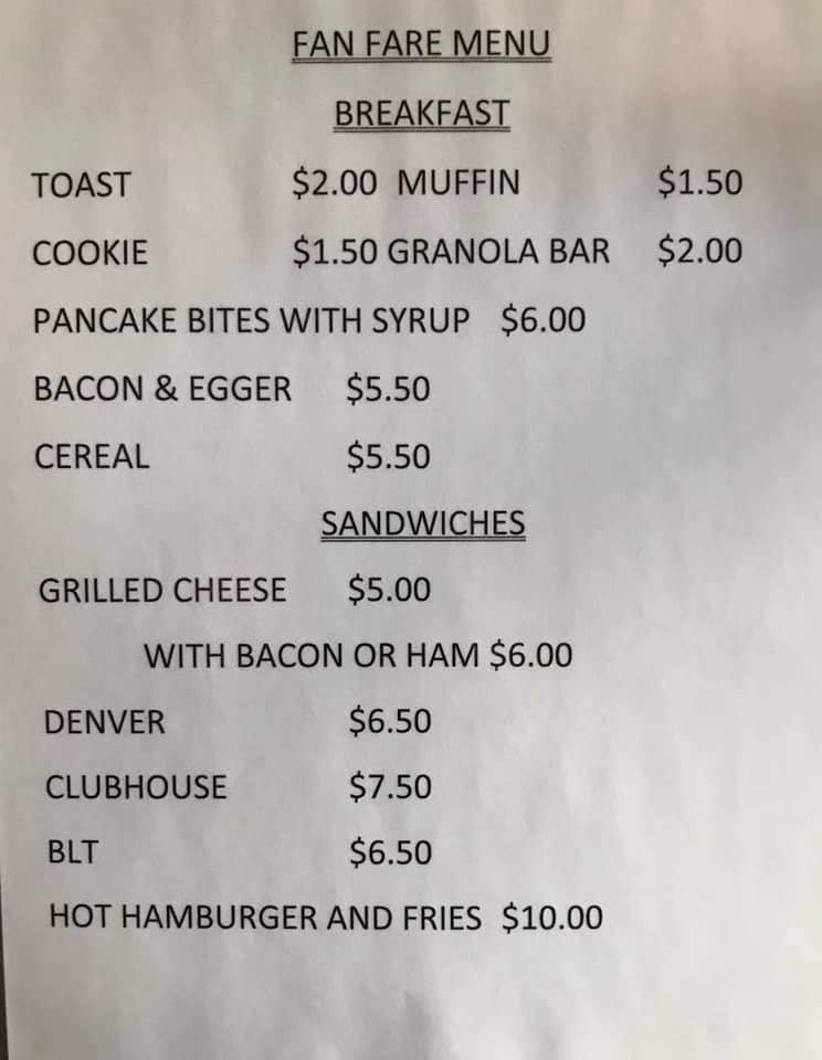 Menu at Fan Fare restaurant, Foam Lake