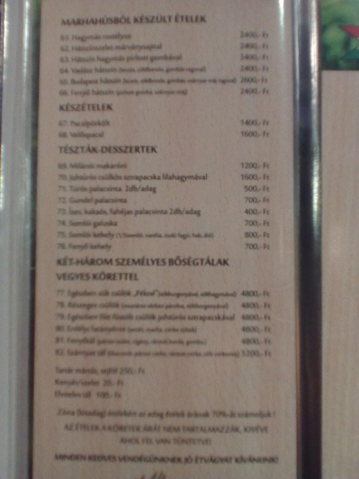Menu at Fenyő Vendéglő restaurant, Budaörs