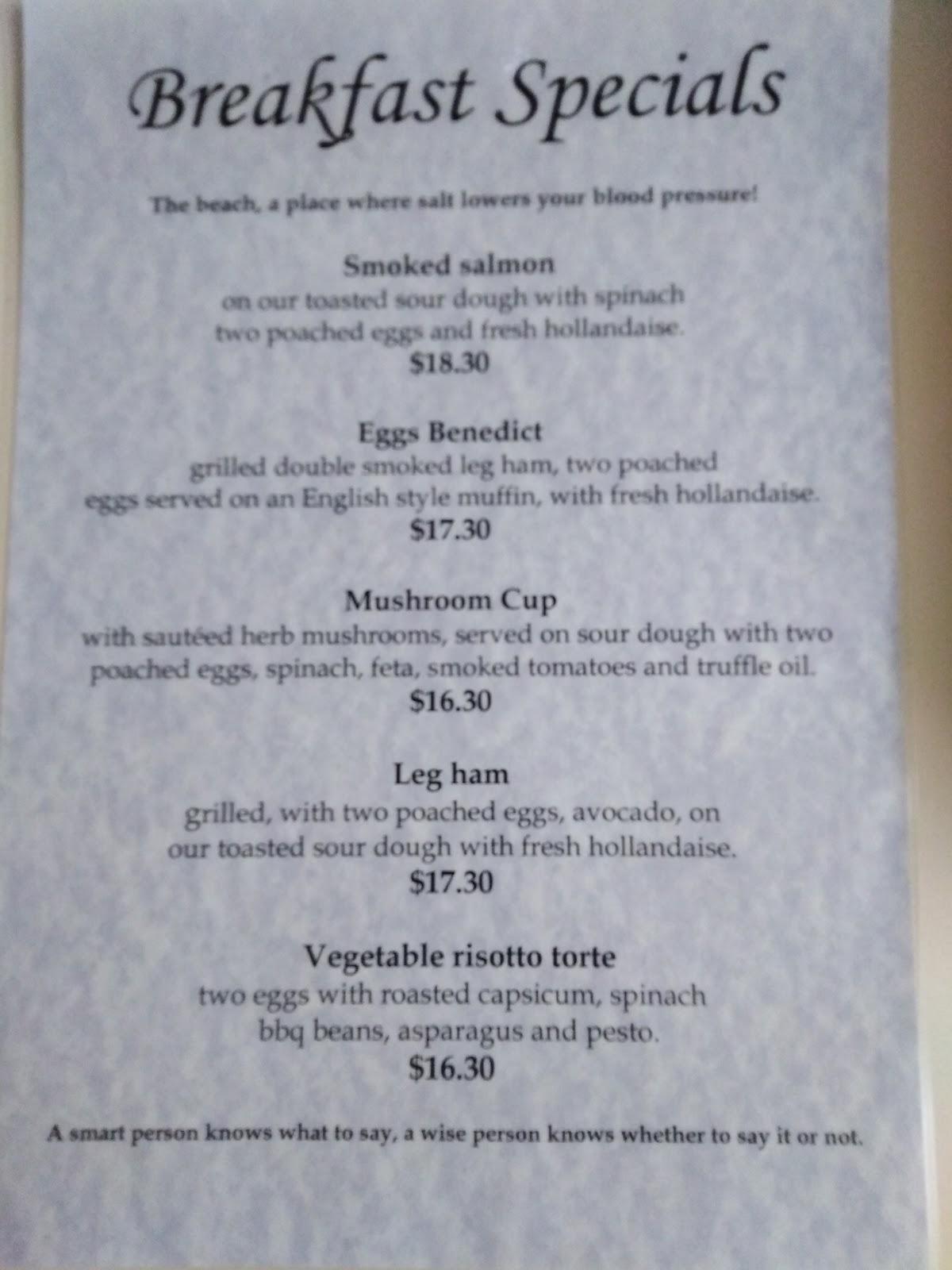 Menu at Food for Thought Cafe, Yeppoon