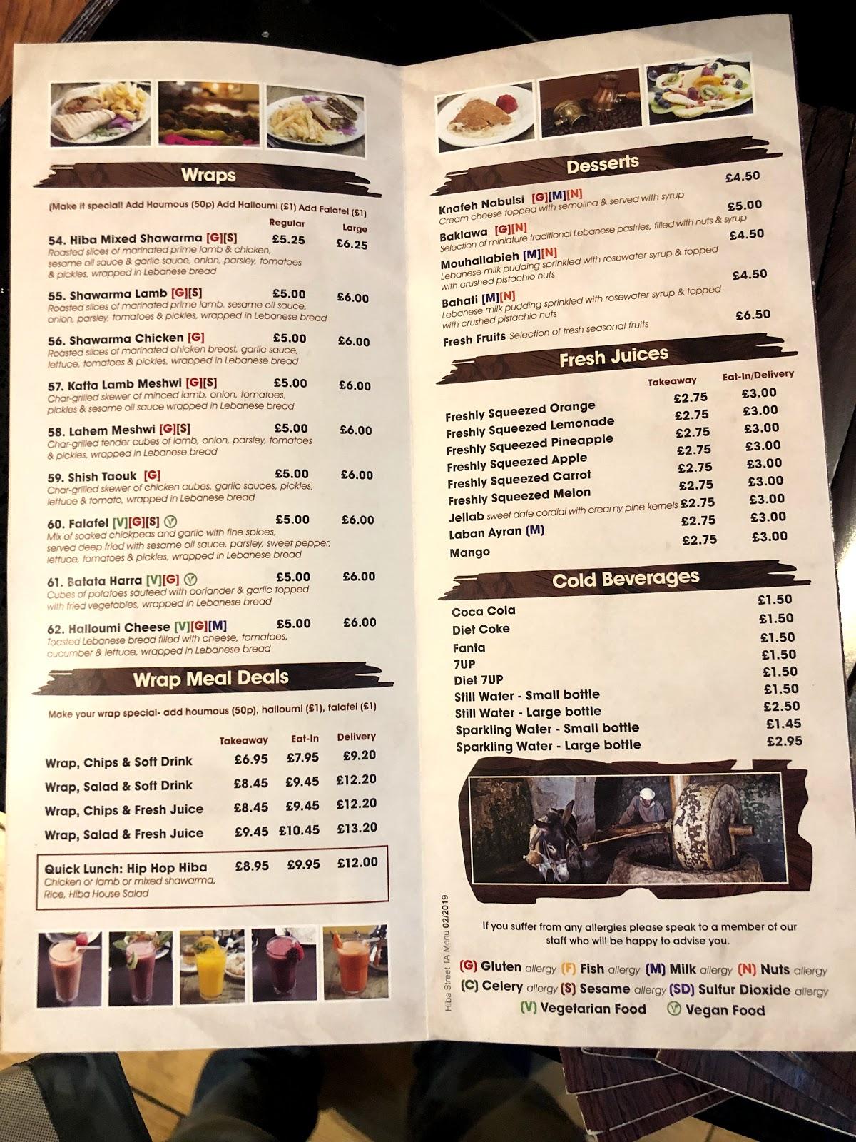 Menu at Hiba Street Food restaurant, London, 10 Tottenham St