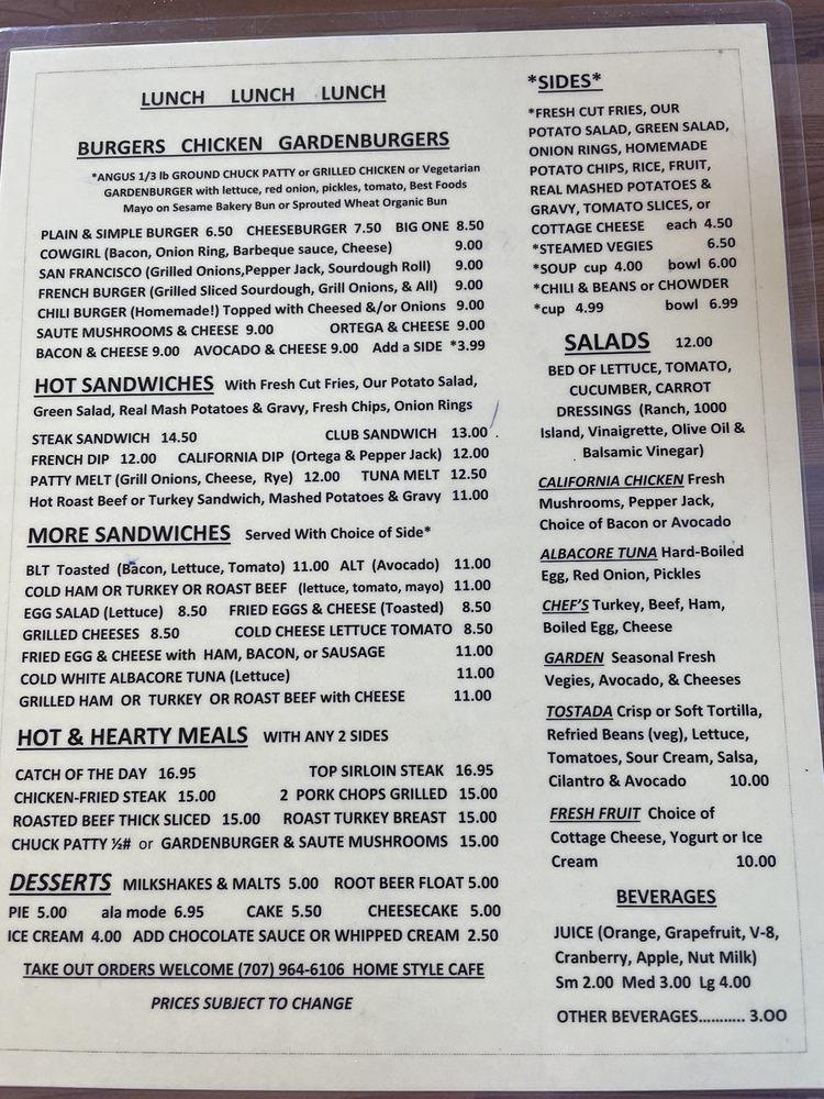 Menu at Home Style Cafe, Fort Bragg, 790 S Main St